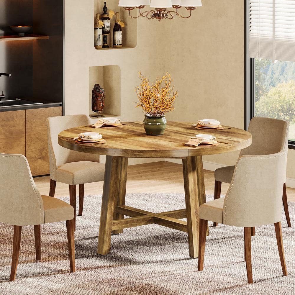 BYBLIGHT Roesler Brown Wood Dining Table, 4 Legs Round Dining Table ...
