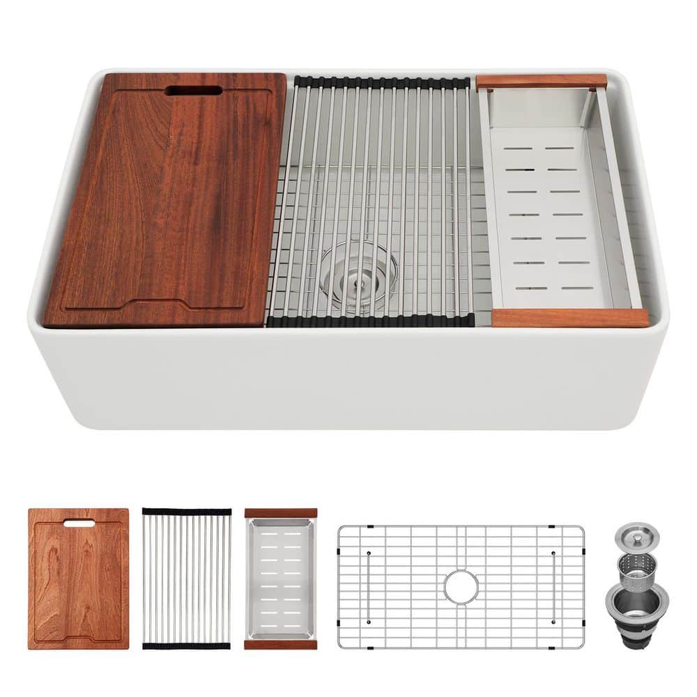 Workstation 33 in. Farmhouse Single Bowl Ceramic Kitchen Sink with ...