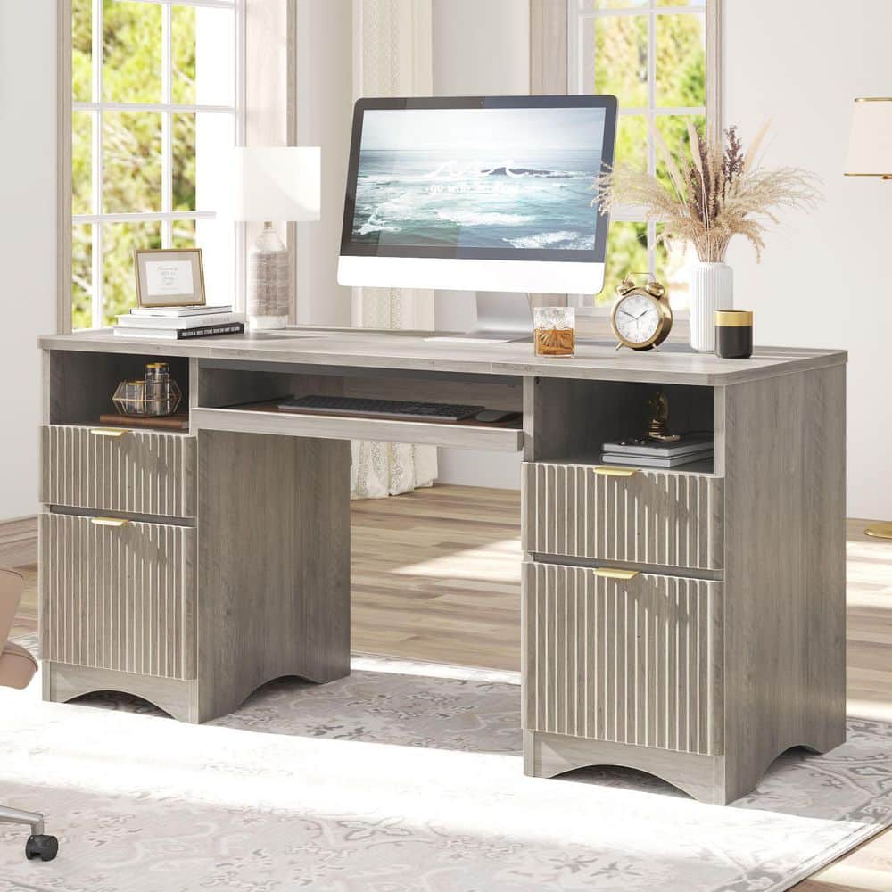 Bestier 60 in. Wash Grey Fluted Executive Desk with 4-Storage Drawers ...