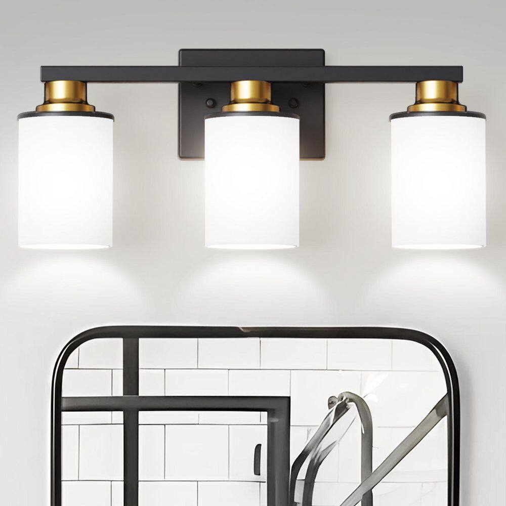 Briignite 20 in. 3-Light Matte Black and Gold Vanity Light with White ...