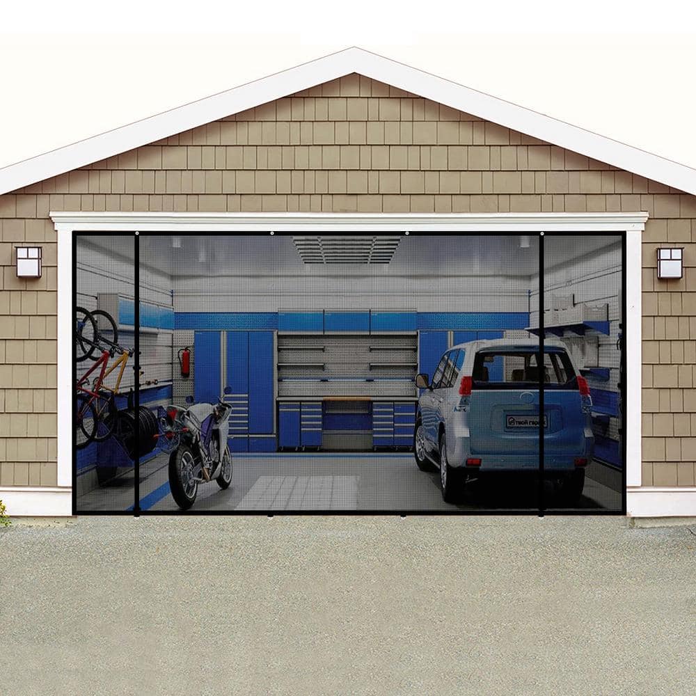 Shatex 16 ft. x 7 ft. Black Fiberglass Magnetic Stationary Garage Door ...