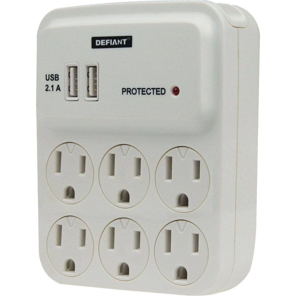 Defiant 6-Outlet Wall Mount Surge Protector with 2.1 Amp USB CT-058B-2 ...