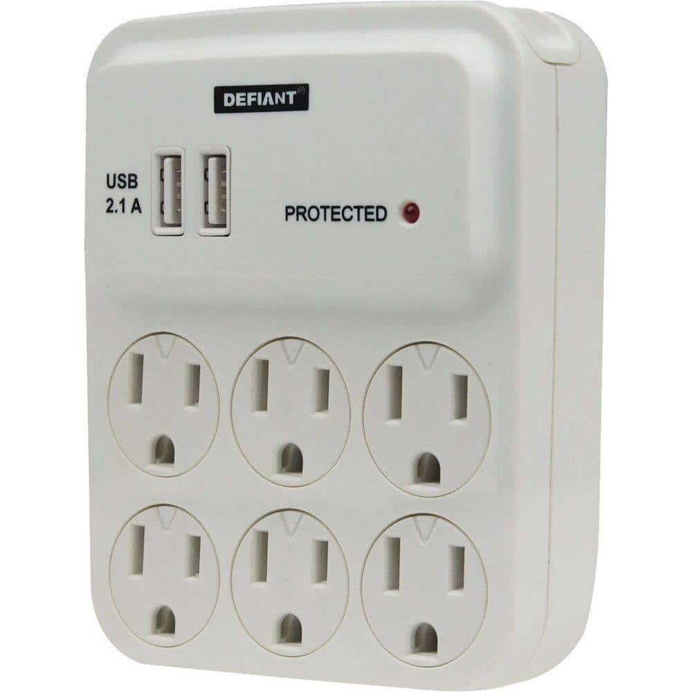 Defiant 6-Outlet Wall Mount Surge Protector with 2.1 Amp USB CT-058B-2 ...