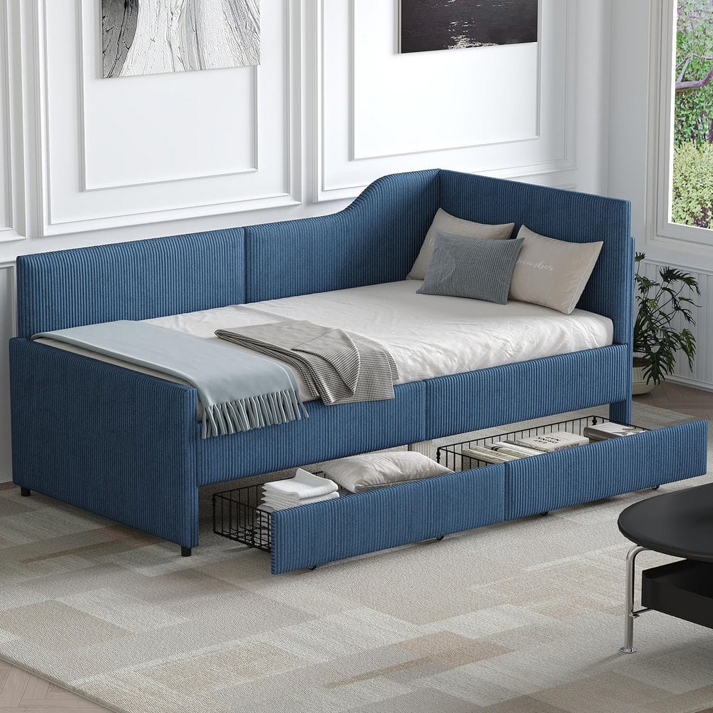 Harper & Bright Designs Blue Twin Size Corduroy Upholstered Daybed with ...