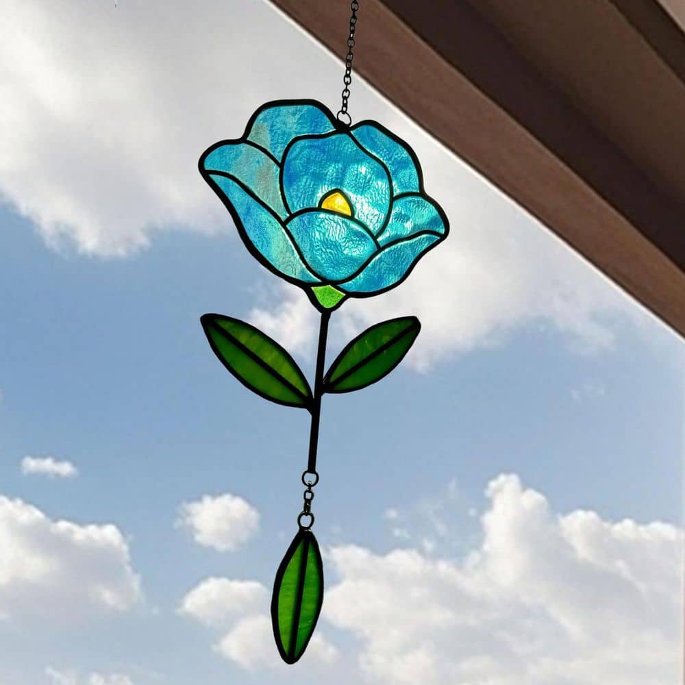 Blue Flower Handcrafted Stained Glass Art Glass Window HDDL2GKM1H - The ...