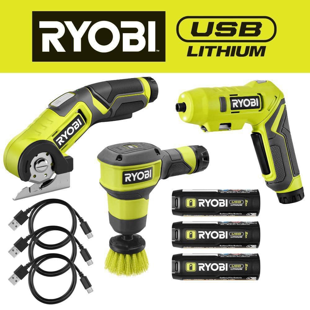 RYOBI USB Lithium 3-Tool Combo Kit with Cutter, Scrubber, Screwdriver ...