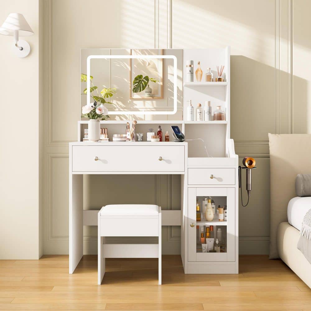 Reviews for JEAREY 3-Drawers White Makeup Vanity Table Set with Stool ...