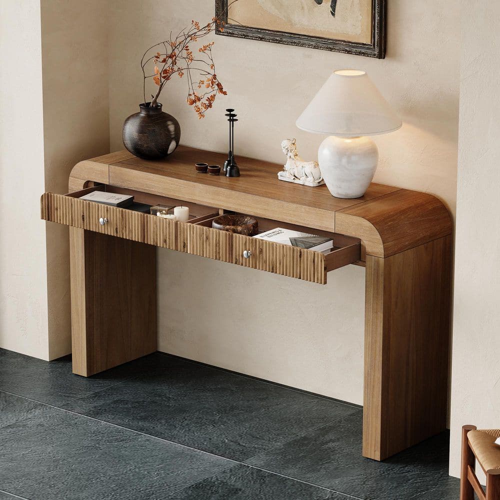 Harper & Bright Designs 54.3 in. Natural Rustic Entryway Rectangle Wood ...