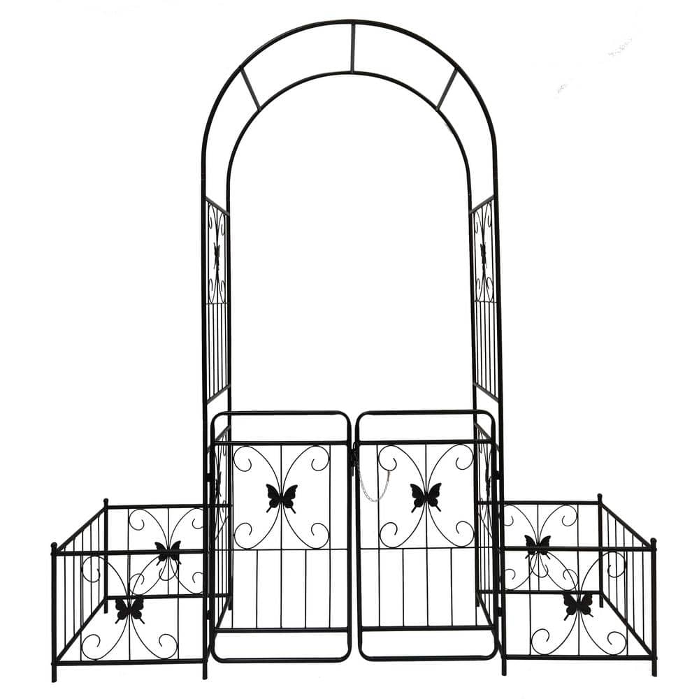 Sudzendf 86.6 in. Black Metal Outdoor Garden Arch Trellis with Gate ...