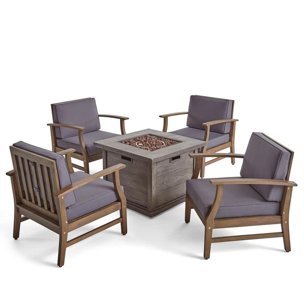 Noble House Havana Grey 5-Piece Wood Outdoor Patio Fire Pit Seating Set ...