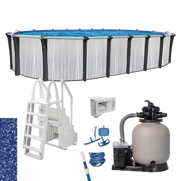 AQUARIAN Atwood 18 ft. x 33 ft. Oval x 52 in. Hard Side Pool Package with Step and Ladder ...