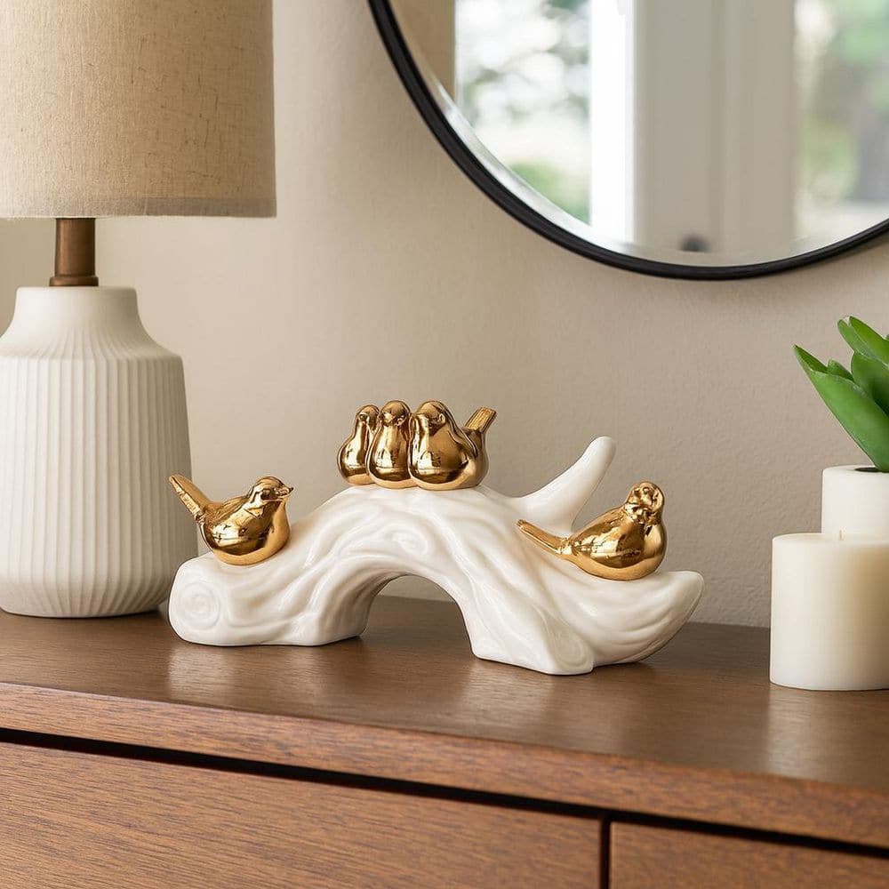 Liv & Skye White 14 in. x 6 in. Ceramic Birds Sitting On Branch ...