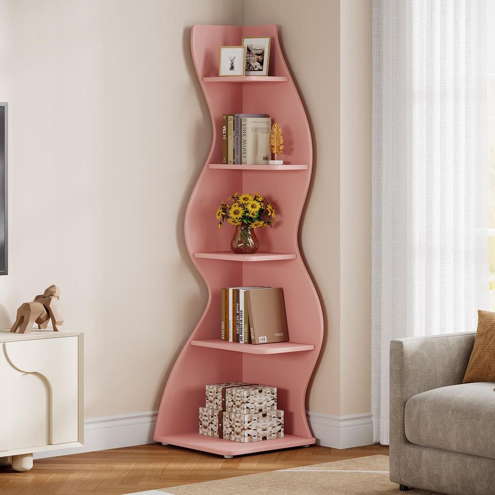 BYBLIGHT Eulas 69.8 in. Tall Pink Wood 5-Shelf Standard Bookcase Corner ...