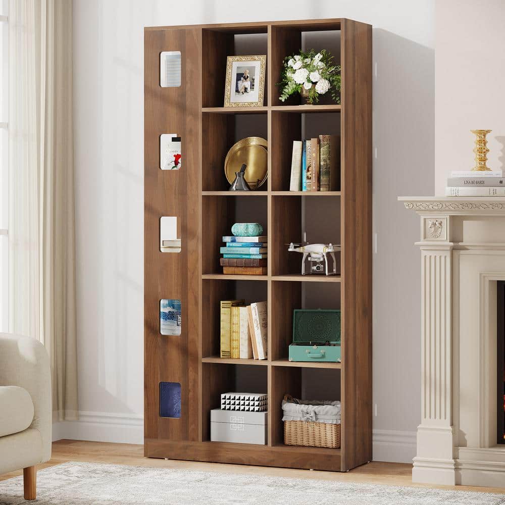 BYBLIGHT Eulas 67 in. Tall Brown Wood 15-Shelf Etagere Bookcase ...