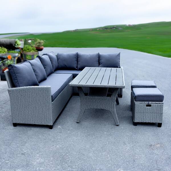 DEKO LIVING Outdoor Wicker Patio Sectional Sofa and Ottoman Set with ...