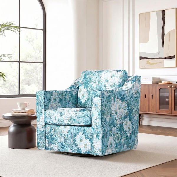 Uixe Cyan Blooms Line Upholstered Swivel Accent Barrel Chair (Set of 1 ...