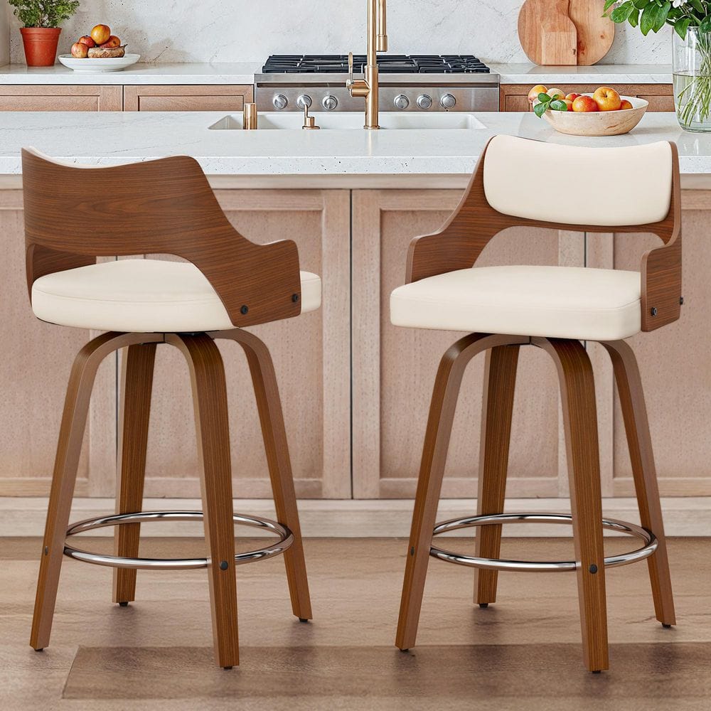 OrangeOne Kasper 26 in. Ivory Walnut Wood Frame Swivel Counter Height ...