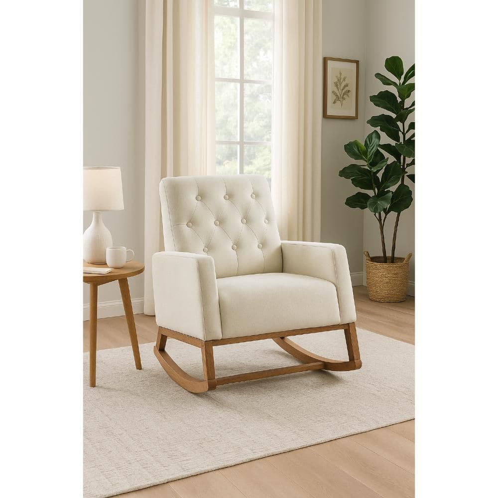 Benjara Clair Brown and Beige Polyester Button Tufted Rocking Chair ...