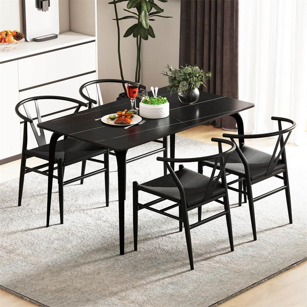 Costway Black Modern Dining Chair Set of 2 Weave Kitchen Armchairs with ...