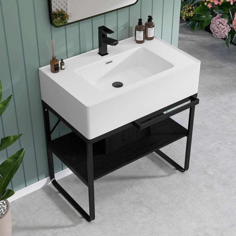 NTQ Nuyt 31.5 in. Solid Surface White Rectangular Single Sink Bathroom Console Sink with Black ...