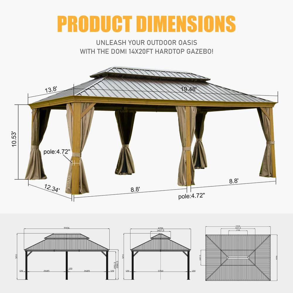 Clihome 14 ft. x 20 ft. Outdoor Hardtop Gazebo Metal Gazebo with ...