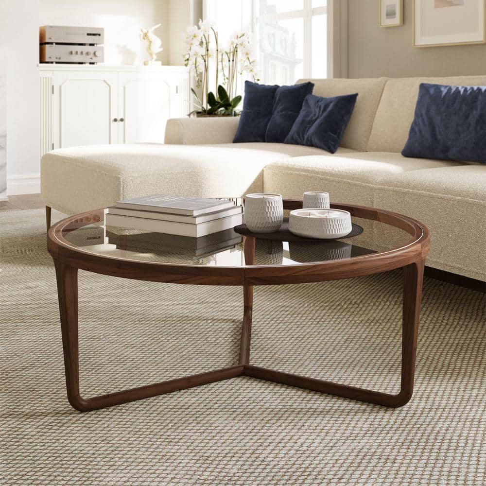 Poly and Bark Ciro 37 in. Walnut Round Glass Top Coffee Table with Wood LR-706-WAL - The Home Depot