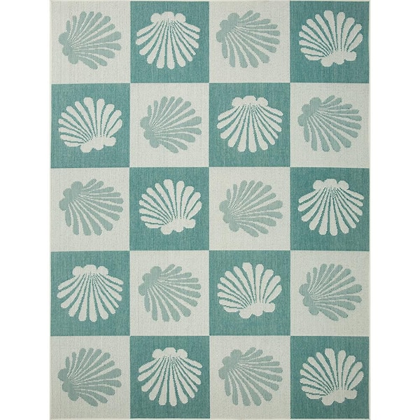 Hampton Bay Seashells Teal/White 8 ft. x 10 ft. Indoor/Outdoor Area Rug ...