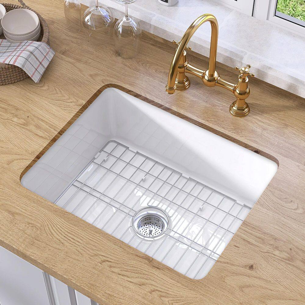 NTQ 24 in. White Kitchen Sink Fireclay Drop-in /Undermount Kitchen Sink ...