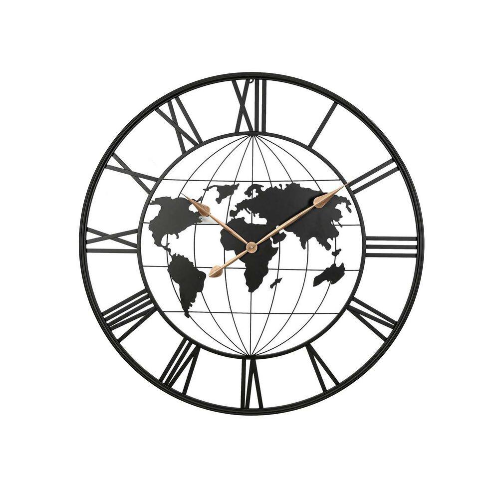 36 in. Large Modern Metal Wall Clock, World Map Wall Clock with Gold ...