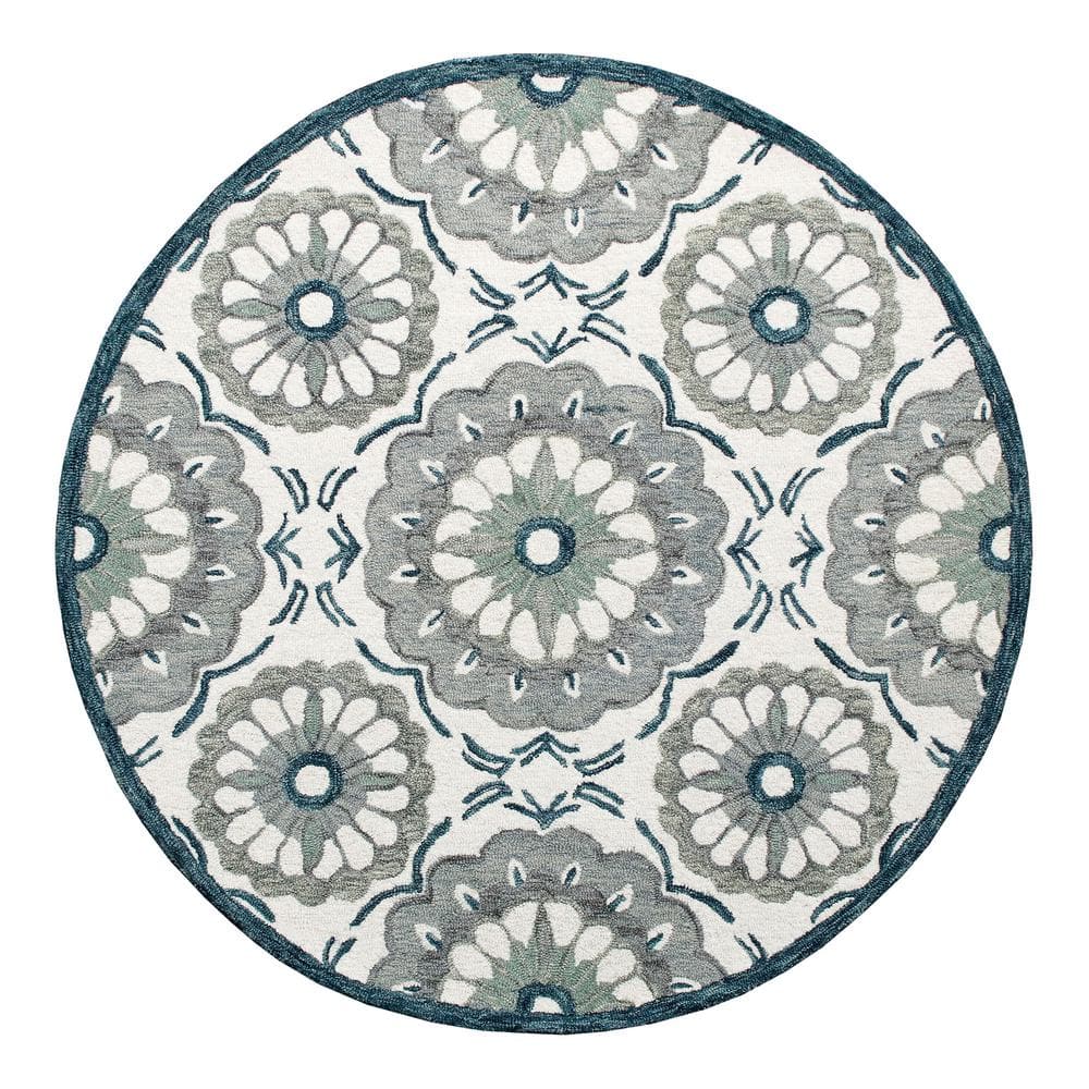 Bella Ivory/Gray 3 ft. Round Eclectic Hand-Tufted Floral 100% Wool ...