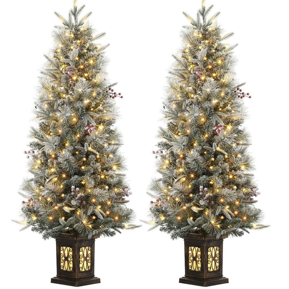 4.5 ft. Pre-Lit Artificial Christmas Tree 200 LED Lights, Snow Flocked ...