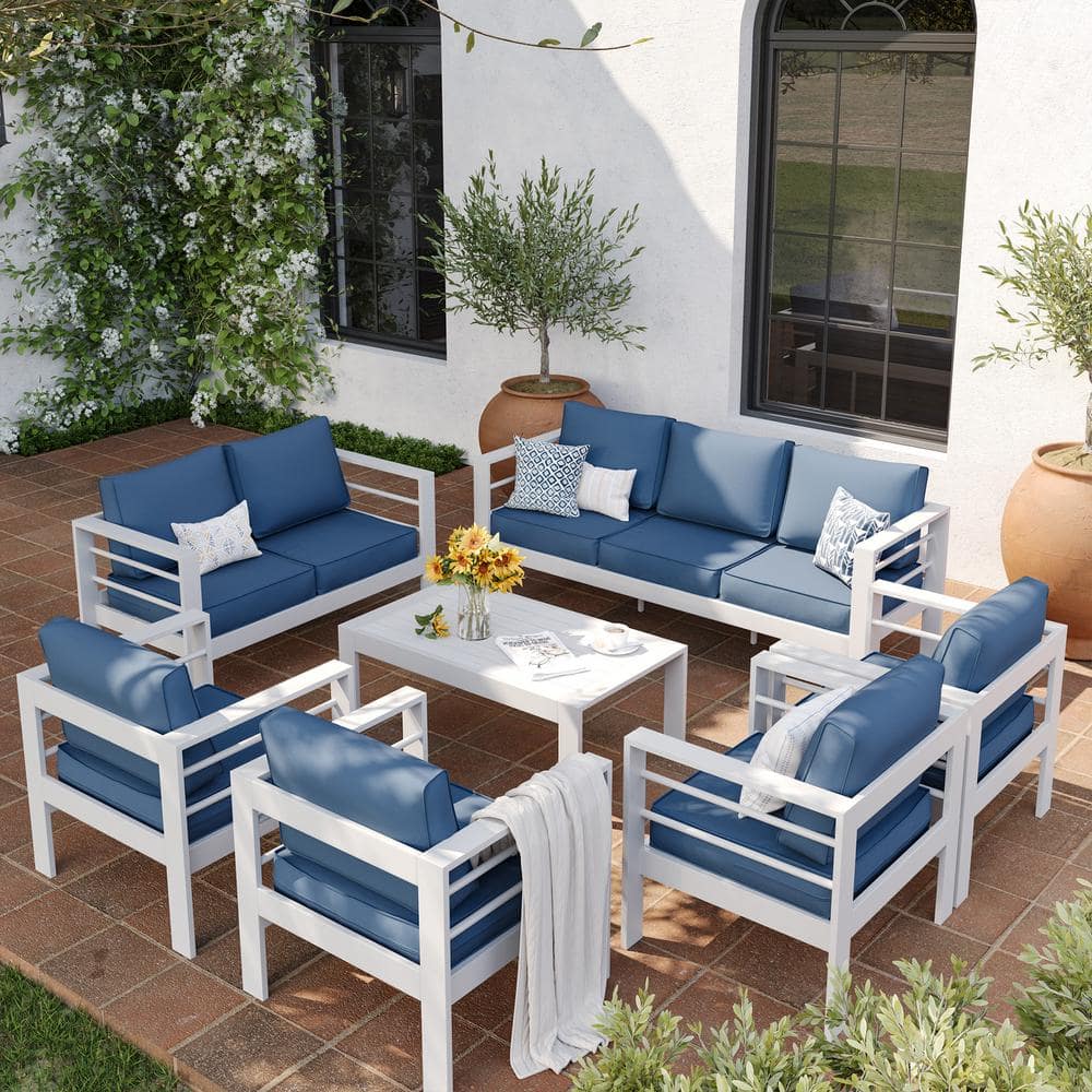 ELPOSUN 7-Piece White Aluminum Patio Conversation Set with Navy Cushions and Coffee Table ...