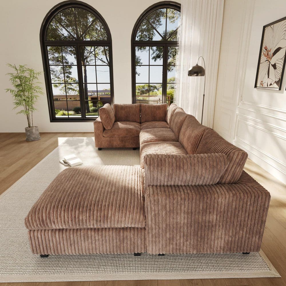 J&E Home 157.4 in. Square Arm 6-Piece Faux Rabbit Fur Fabric L-Shaped ...