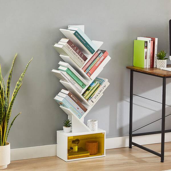 7 Tier 44.5 in. Tall White Wood 8 Shelf Tree Bookcase Display with Storage Cabinet Tree Shaped Shelf Racks Organizer