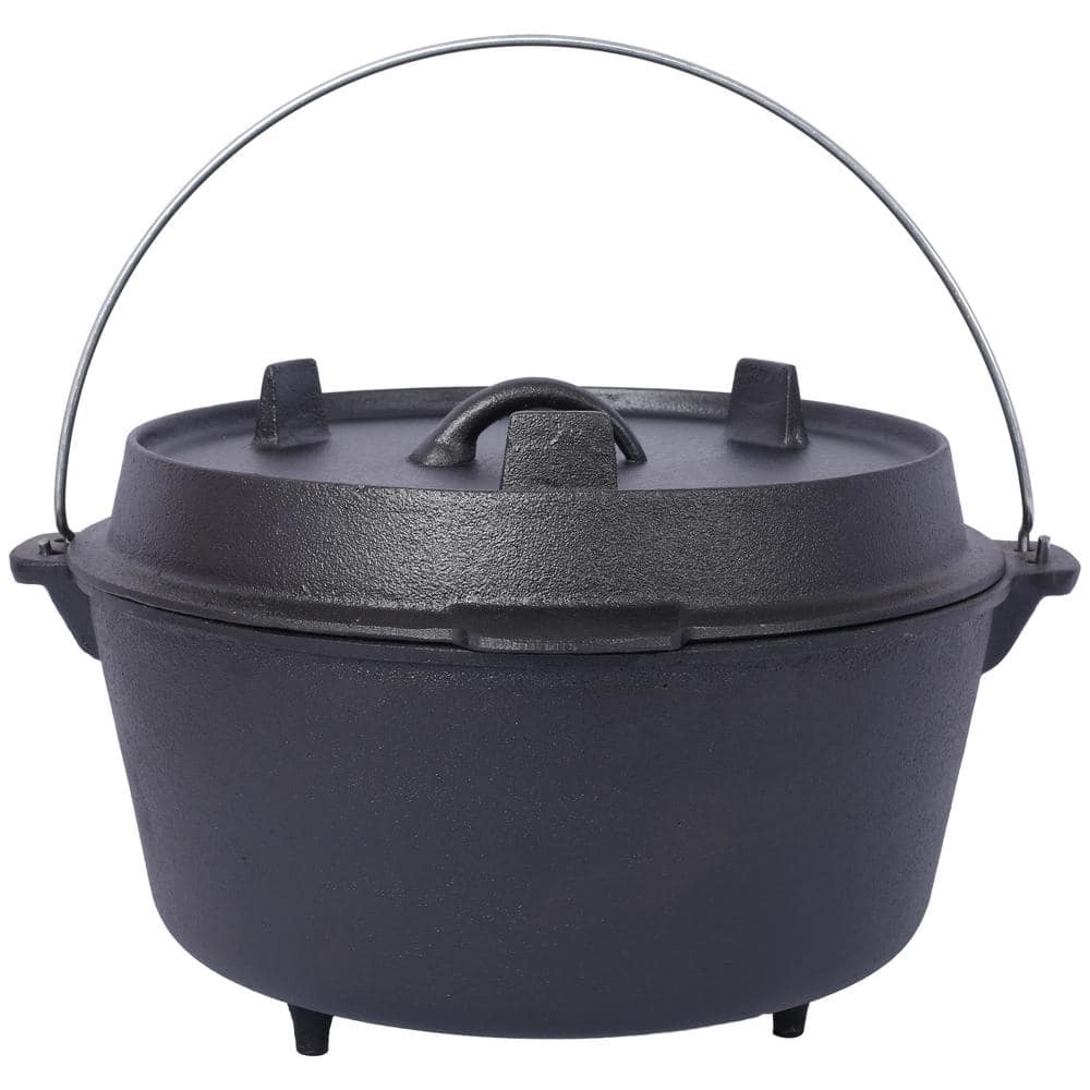 Tileon 8 qt. Round Cast Iron Dutch Oven in Black with Lid, Outdoor Pre ...