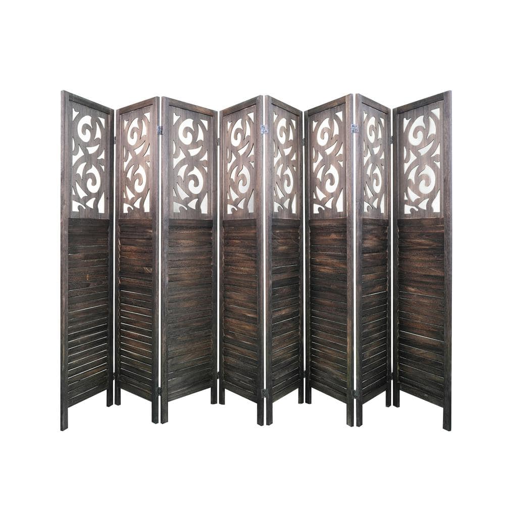 6 ft. Rustic Brown Carved Wood Folding Privacy Screens, 8-Panel Panel ...