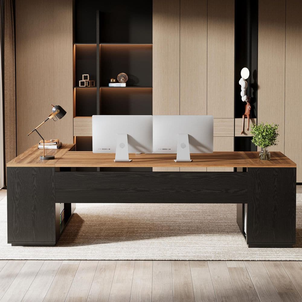 BYBLIGHT Capen Large L-Shaped Desk with Drawers, 86 in. Black and Dark ...
