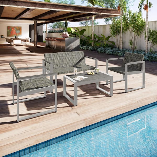 PARASOLAR Silver Frame 4-Piece Aluminum Outdoor Sectional Set with Gray ...