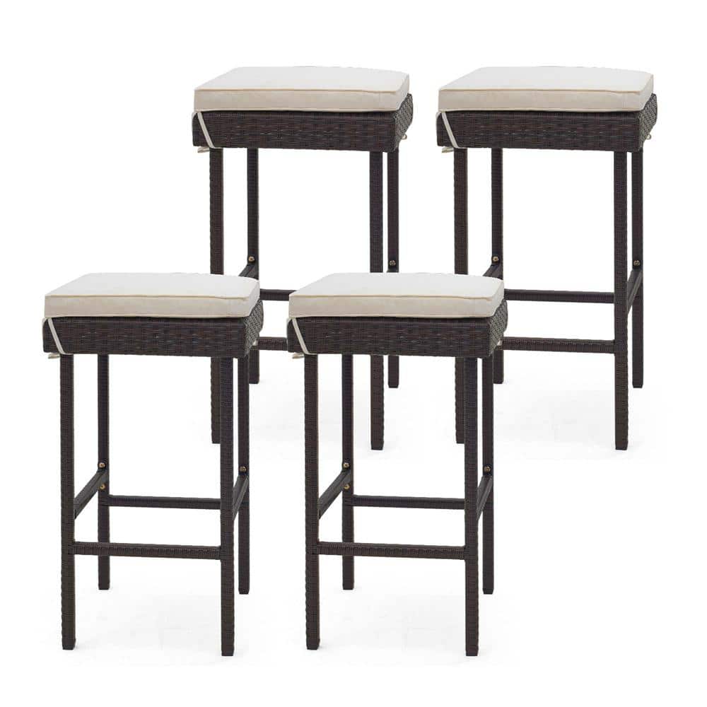 Costway Metal Outdoor Bar Stools with Off White Cushion (set of 4 ...