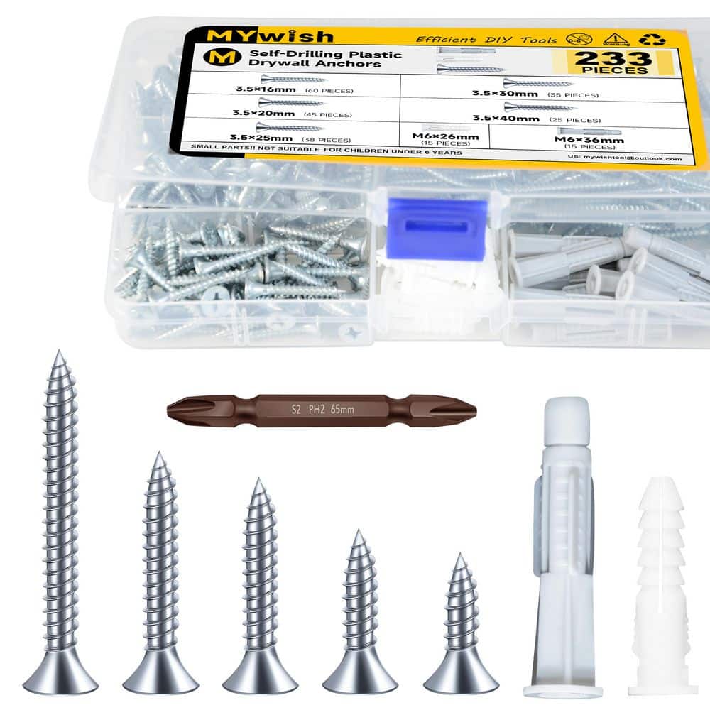 MYWISH #6 x 1.42 Drywall Push-In Ribbed Anchor with Screw (233-Pack) SF ...