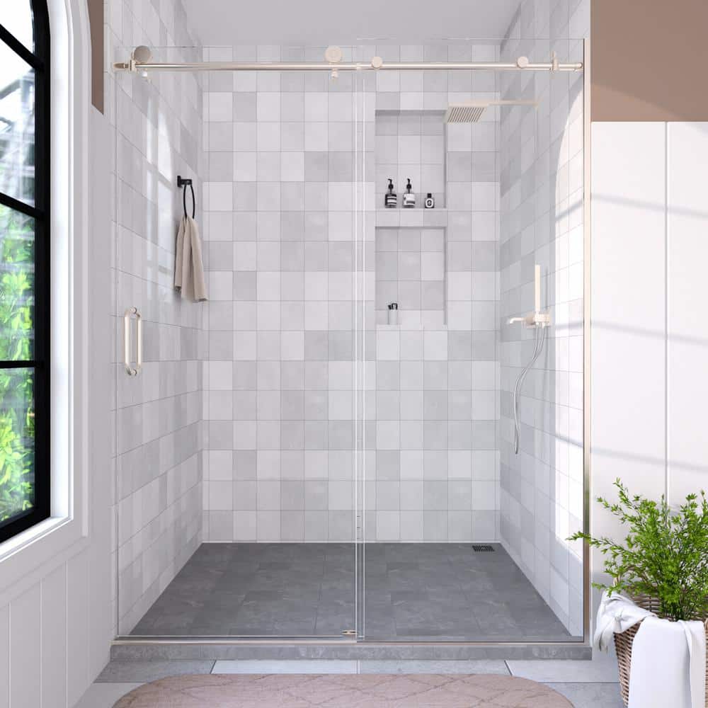 Hermitage Bath Brewo 60 in. W x 76 in. H Sliding Semi-Frameless Shower ...