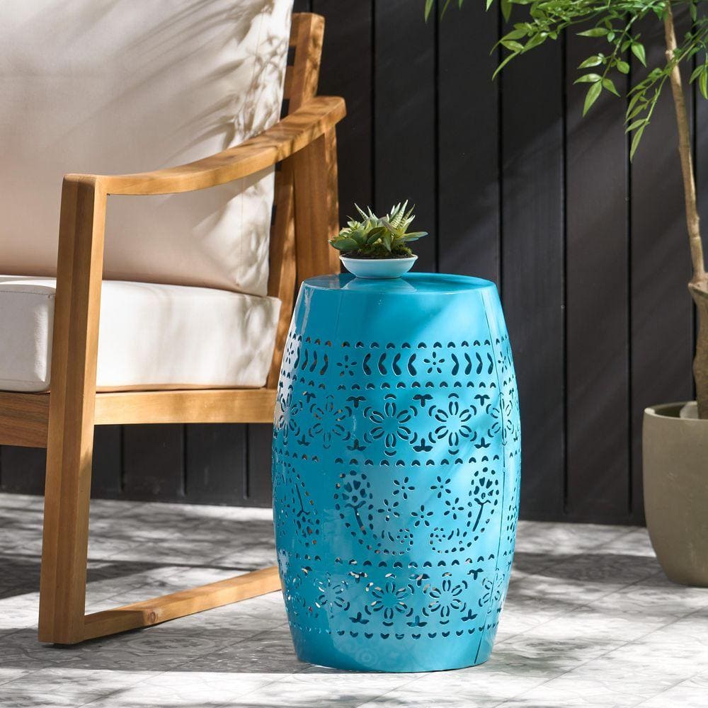 Blue Barrel Lace Cut Metal Outdoor Patio Side Table, No Assembly ...