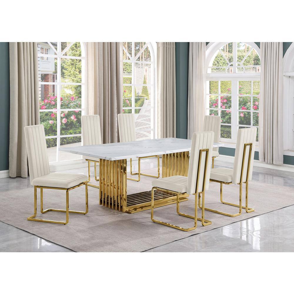 Best Quality Furniture Lisa 7-Piece Rectangle White Marble Top Gold ...