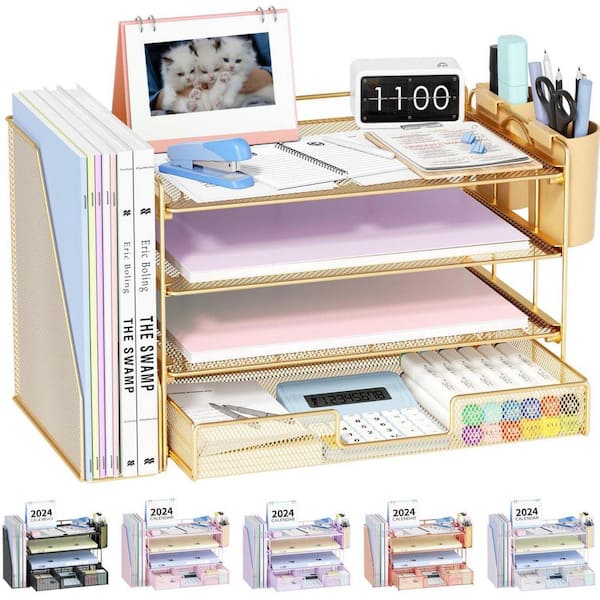 15.5 in x 9.3 in Gold Metal Desk Organizer and Accessories, 4-Tier ...