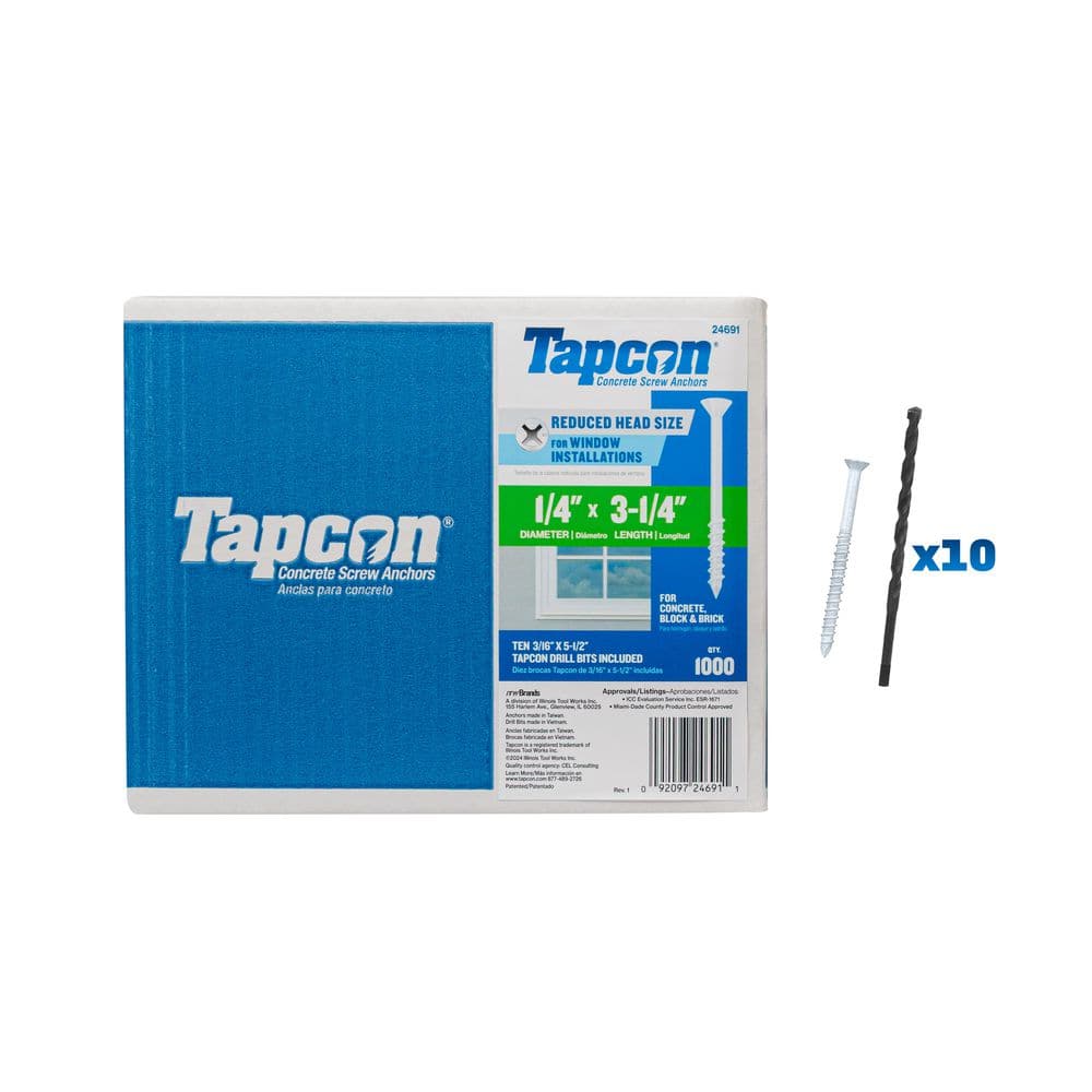 Tapcon 1/4 in. x 3-1/4 in. White Ultrashield Phillips-Flat-Head Concrete Anchors (1000-Piece ...