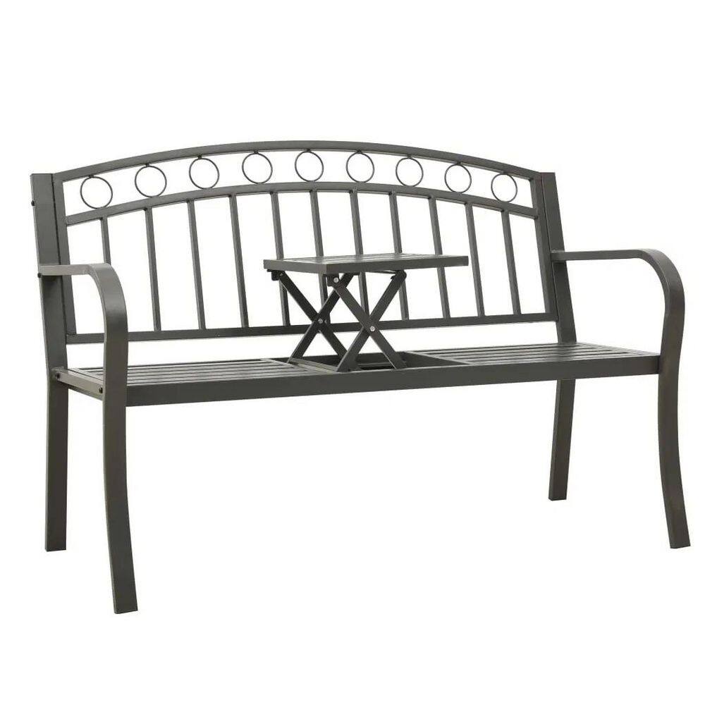 ESILOO Patio Metal Bench with Center Table-49.2 in. Steel Gray Outdoor ...