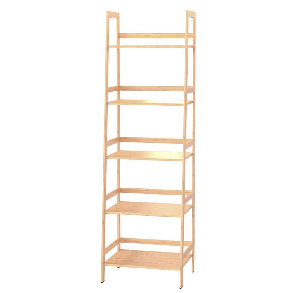 20.47 in. Wide Oak Bookcase Ladder Shelf 5 Tier White Bookshelf Modern ...