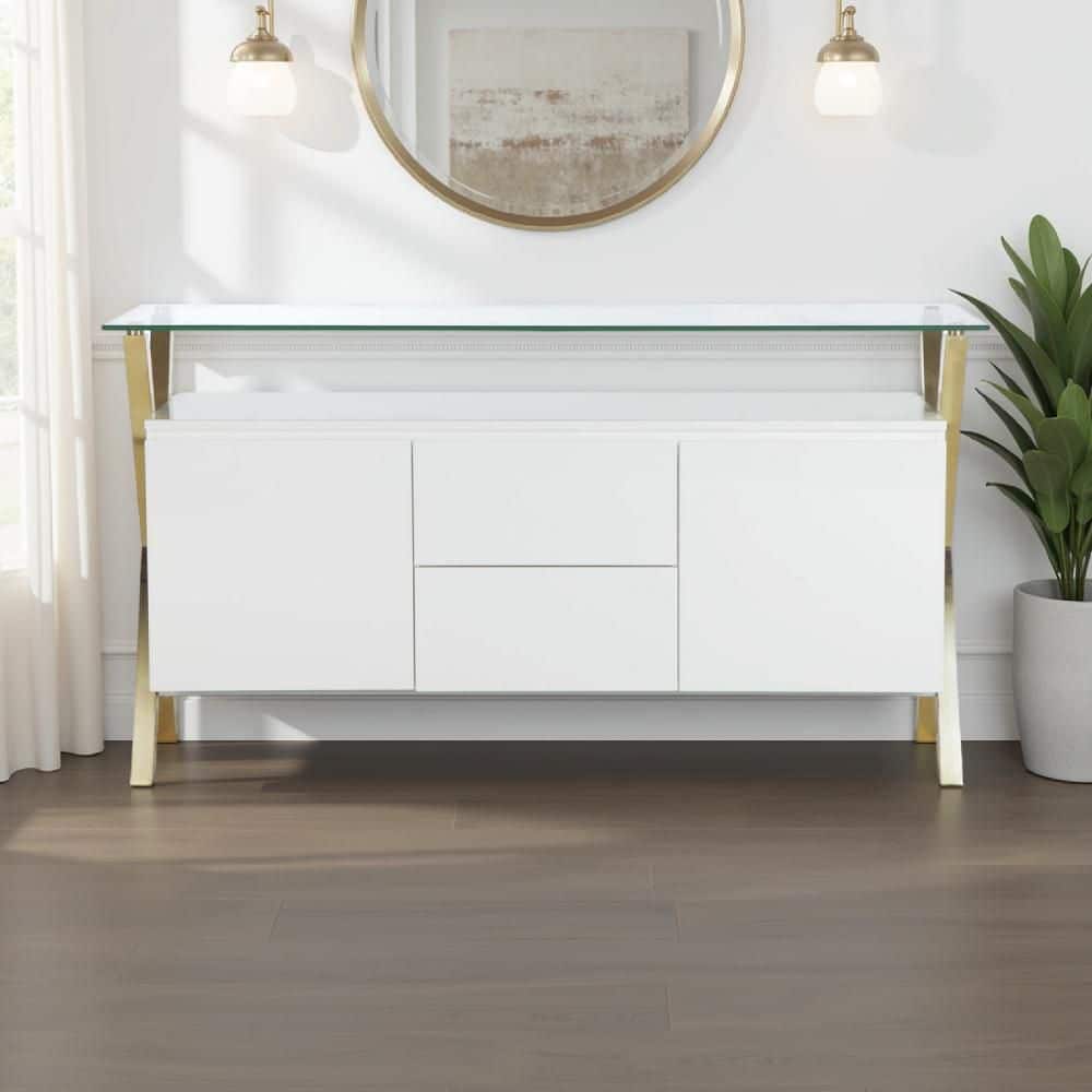 Benjara Tia White and Gold Metal and Tempered Glass 63 in. Sideboard ...