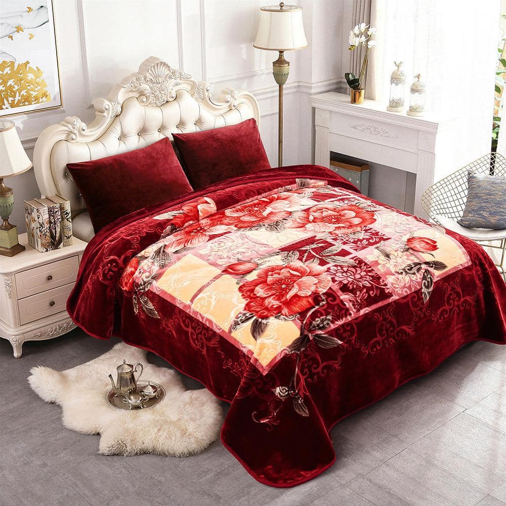 JML Burgundy 85 in. x 95 in. Polyester Warm Thick Raschel Mink Blanket ...
