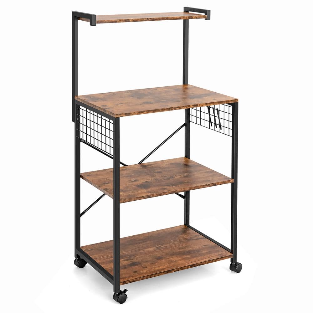 Costway Brown 4-Tier Rolling Bakers Rack Industrial Utility Microwave ...